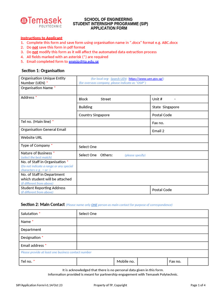 SIP Application Form for Internships | PDF