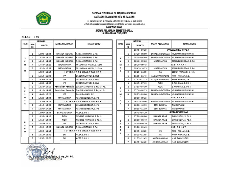Jadwal Pelajaran MTs Assa'adah 2025/2026 | PDF