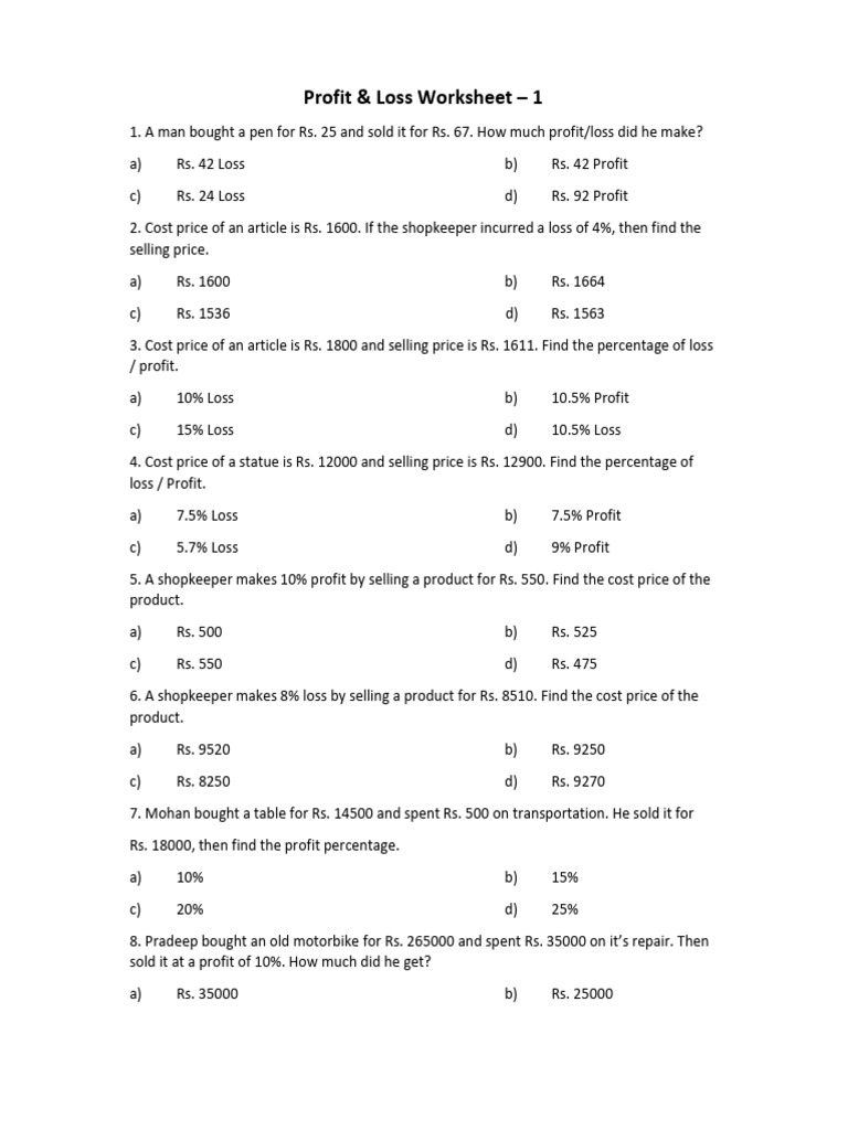 Class 7 Profit Loss Worksheet 1 | PDF | Chess Openings | Chess Theory