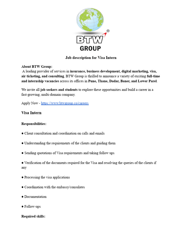 Visa Intern Position at BTW Group | PDF