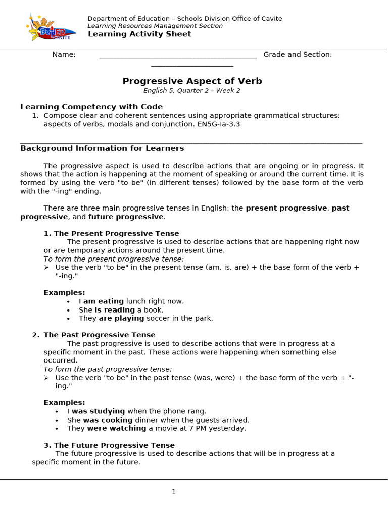 Progressive Aspect of Verbs Worksheet | PDF | Grammatical Tense | Verb