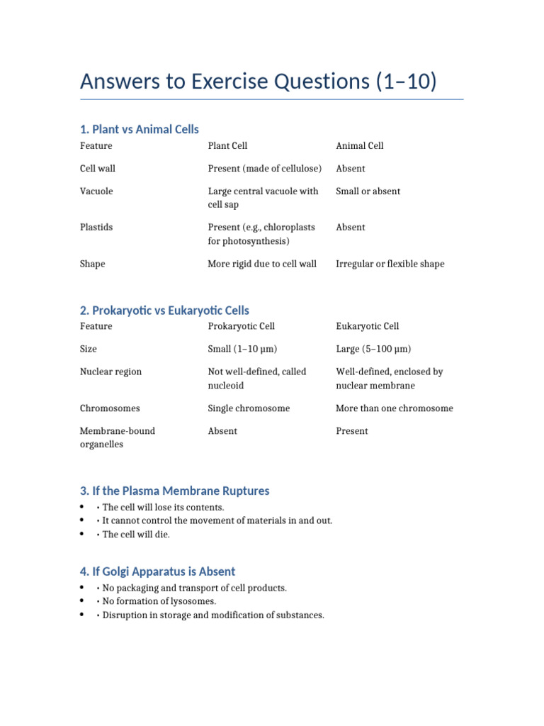 Cell Chapter Exercise Answers | PDF | Cell (Biology) | Vacuole