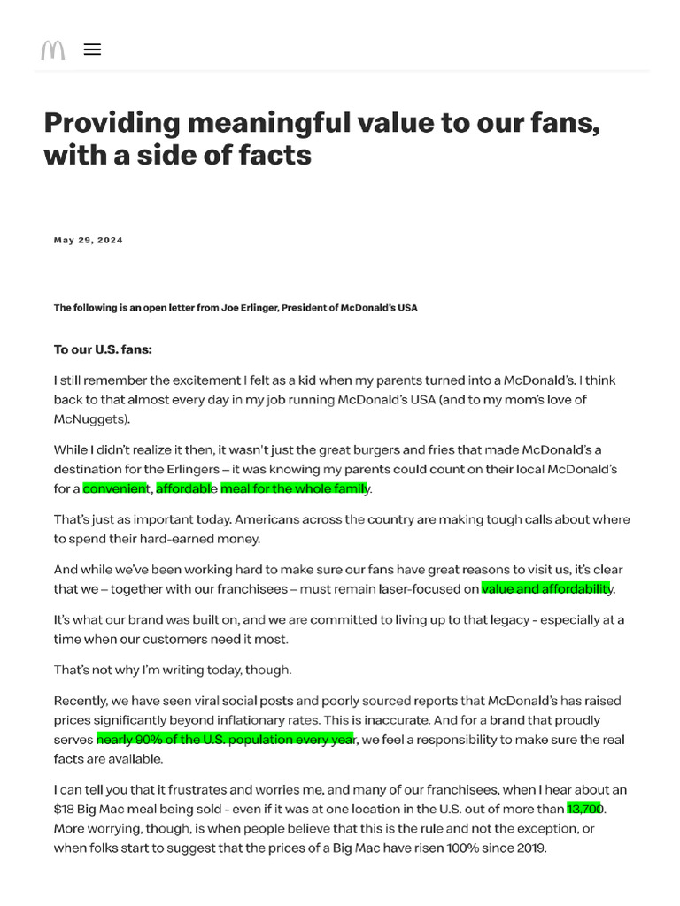 McDonalds President - Open Letter | PDF | Mc Donald's | Inflation