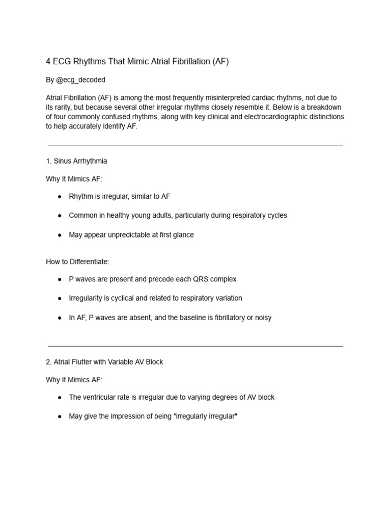 ECG Rhythms Mimicking Atrial Fibrillation | PDF | Electrocardiography ...