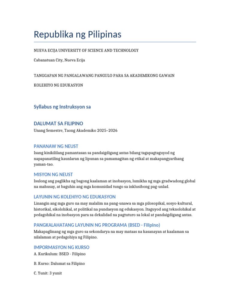 Syllabus Dalumat Sa Filipino | PDF