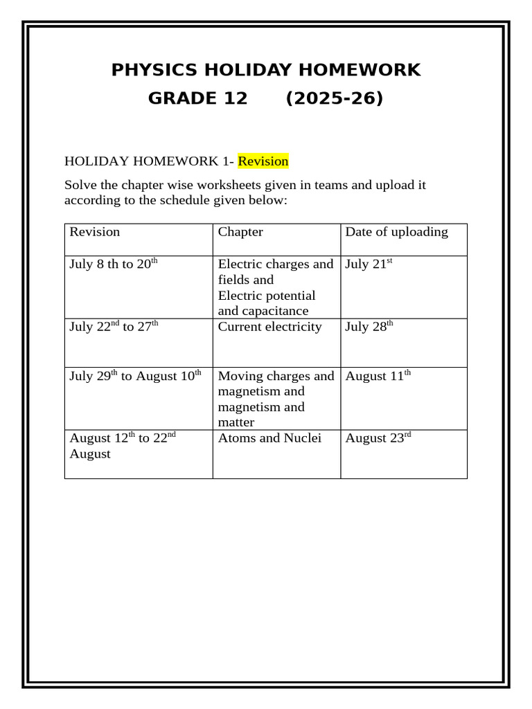 Class 12 Physics Holiday Homework 2025-26 | PDF