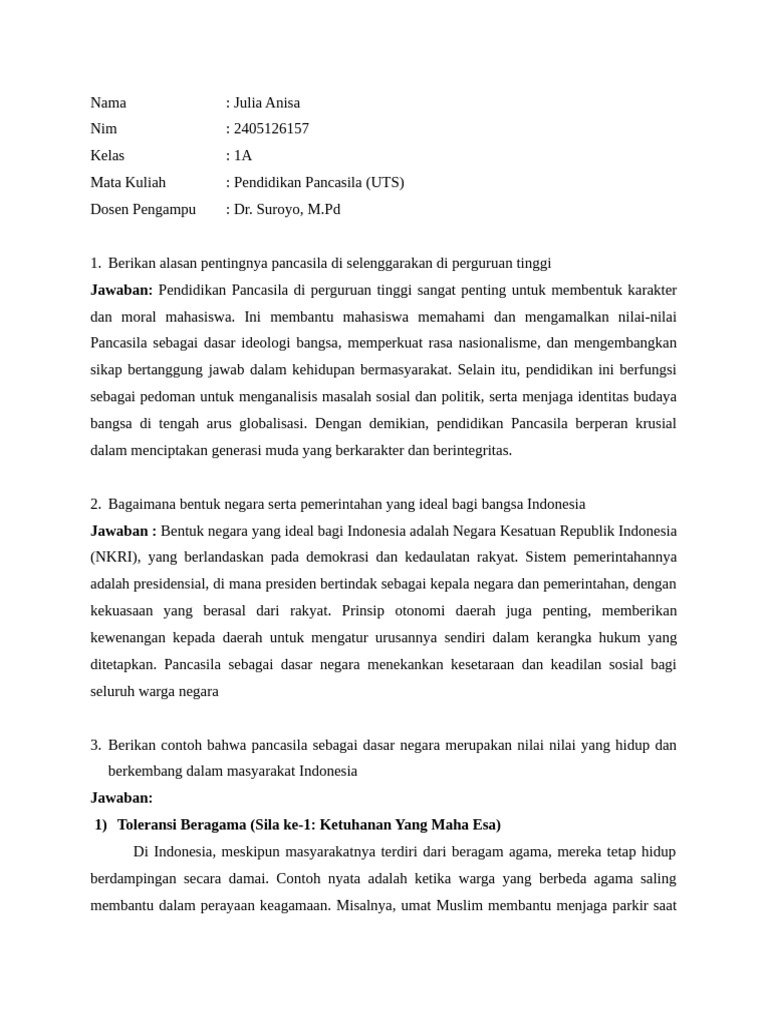 Uts Pendidikan Pancasila Julia Anisa | PDF