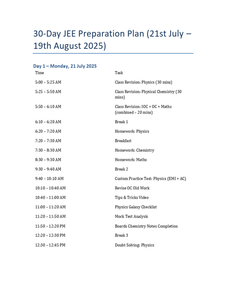 30-Day JEE Study Schedule 2025 | PDF