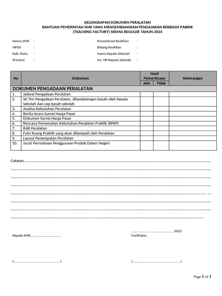 Ceklis Peralatan TEFA Reguler 2025 | PDF