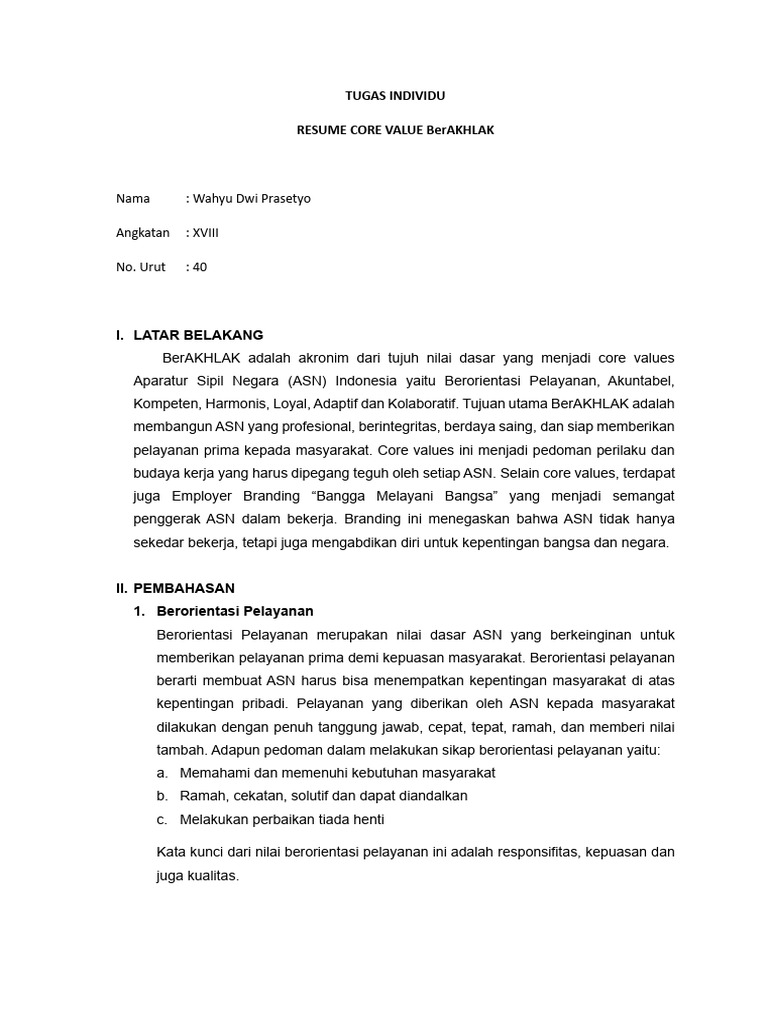 Resume Core Value BerAKHLAK ASN | PDF