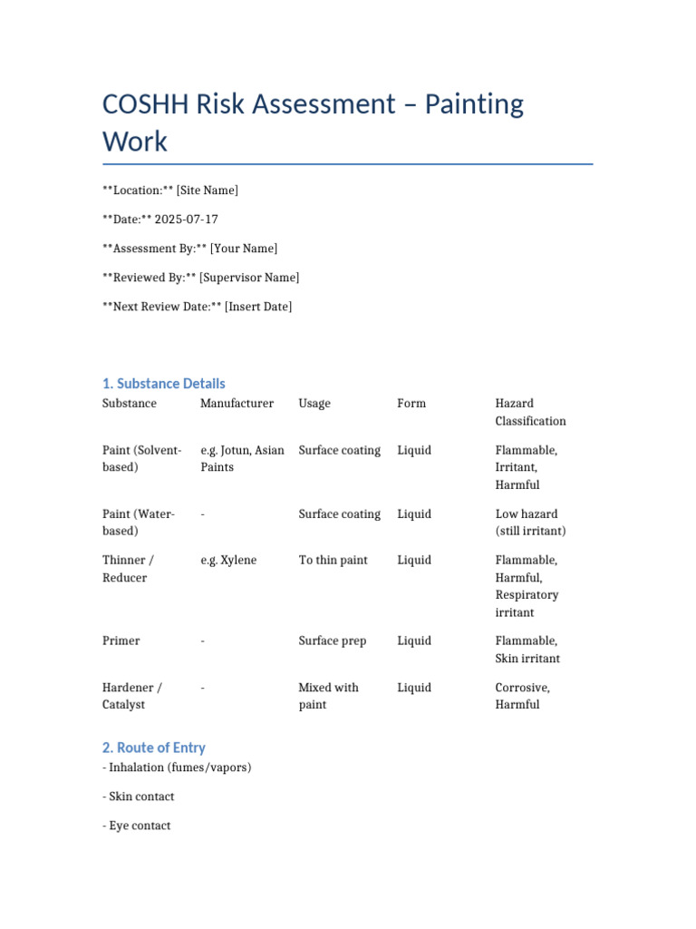 COSHH Risk Assessment Painting Work | PDF | Paint | Hazards
