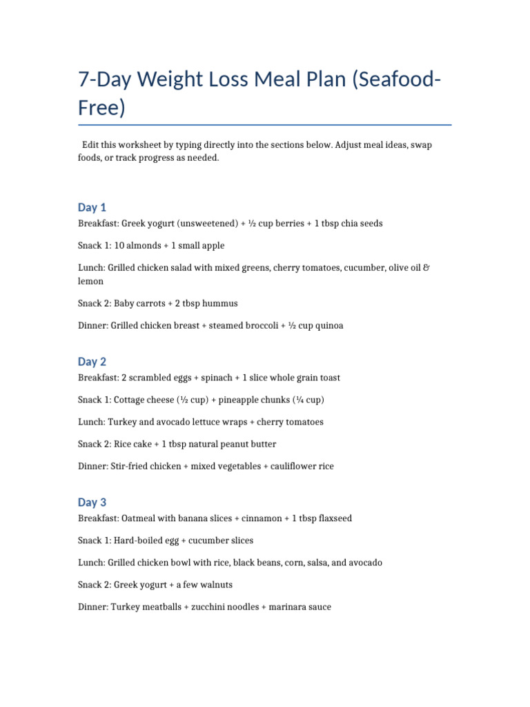 7-Day Printable Weight Loss Meal Plan | PDF | Salad | Lunch