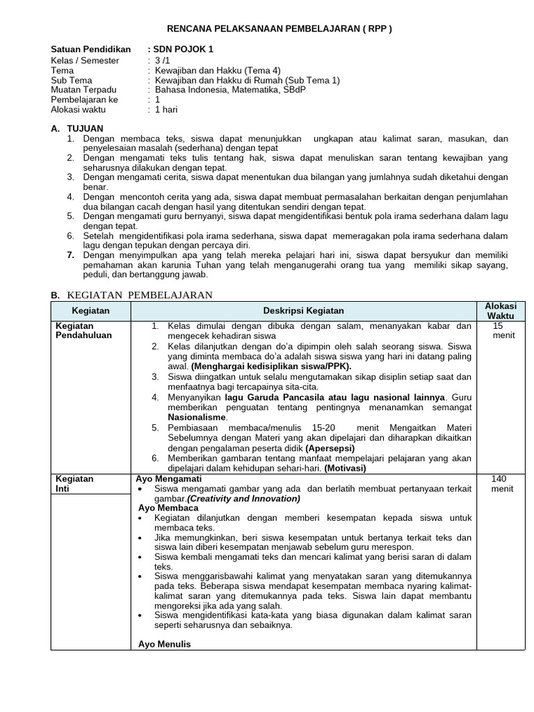RPP Kewajiban dan Hak di Rumah SDN Pojok 1 | PDF