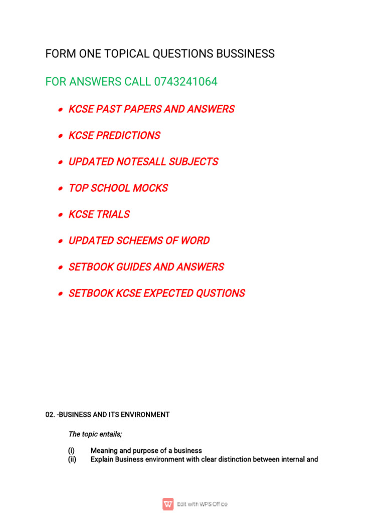 Form 1 Business Studies Questions | PDF | Entrepreneurship | Payments