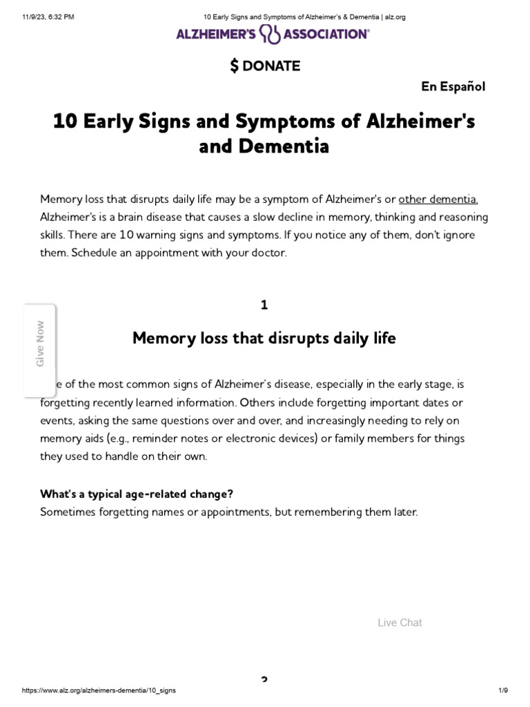 10 Early Signs and Symptoms of Alzheimer's & Dementia | PDF | Dementia ...