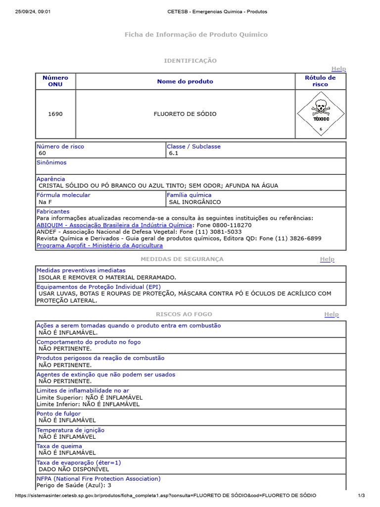 Ficha Técnica do Fluoreto de Sódio | PDF | Toxicidade | Solubilidade
