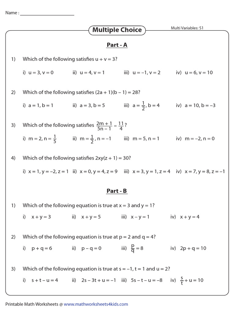 Algebra Evaluating Expressions Choice Equation Multiple All Key | PDF ...