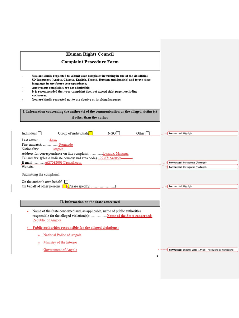 HRCComplaint Procedure Form | PDF | Human Rights | Angola