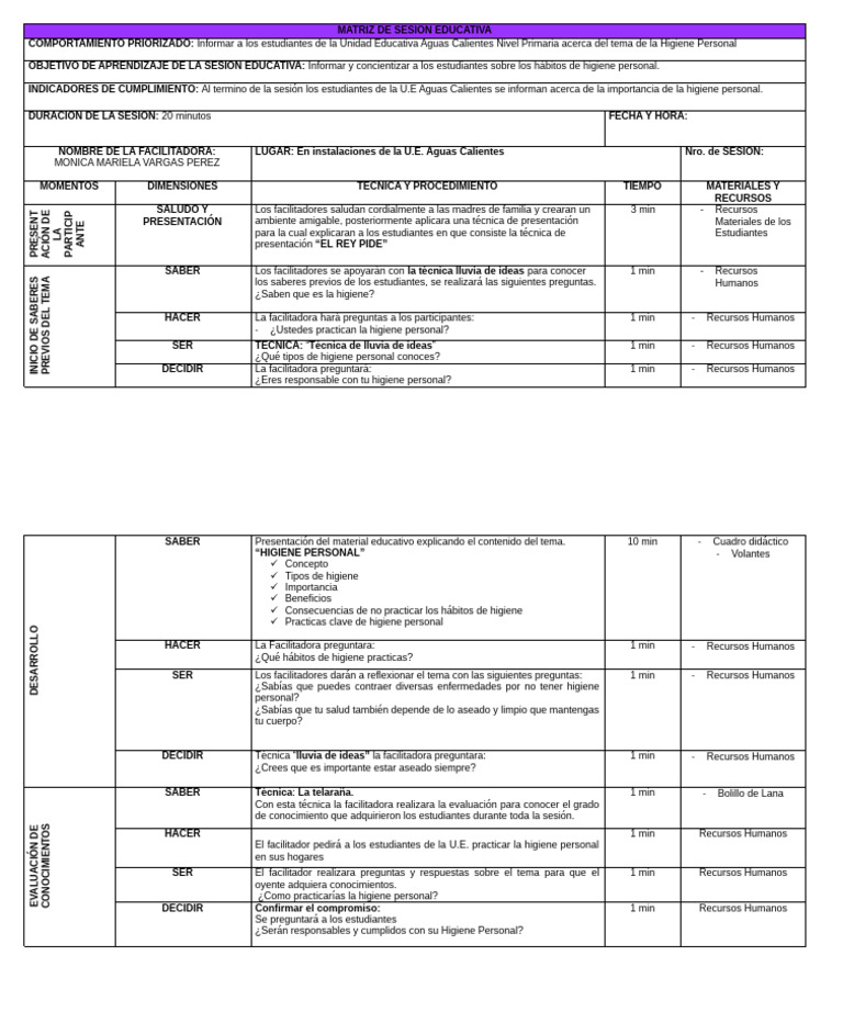 MATRIZ HIGIENE PERSONAL MONI | PDF | Higiene | Gestión de recursos humanos