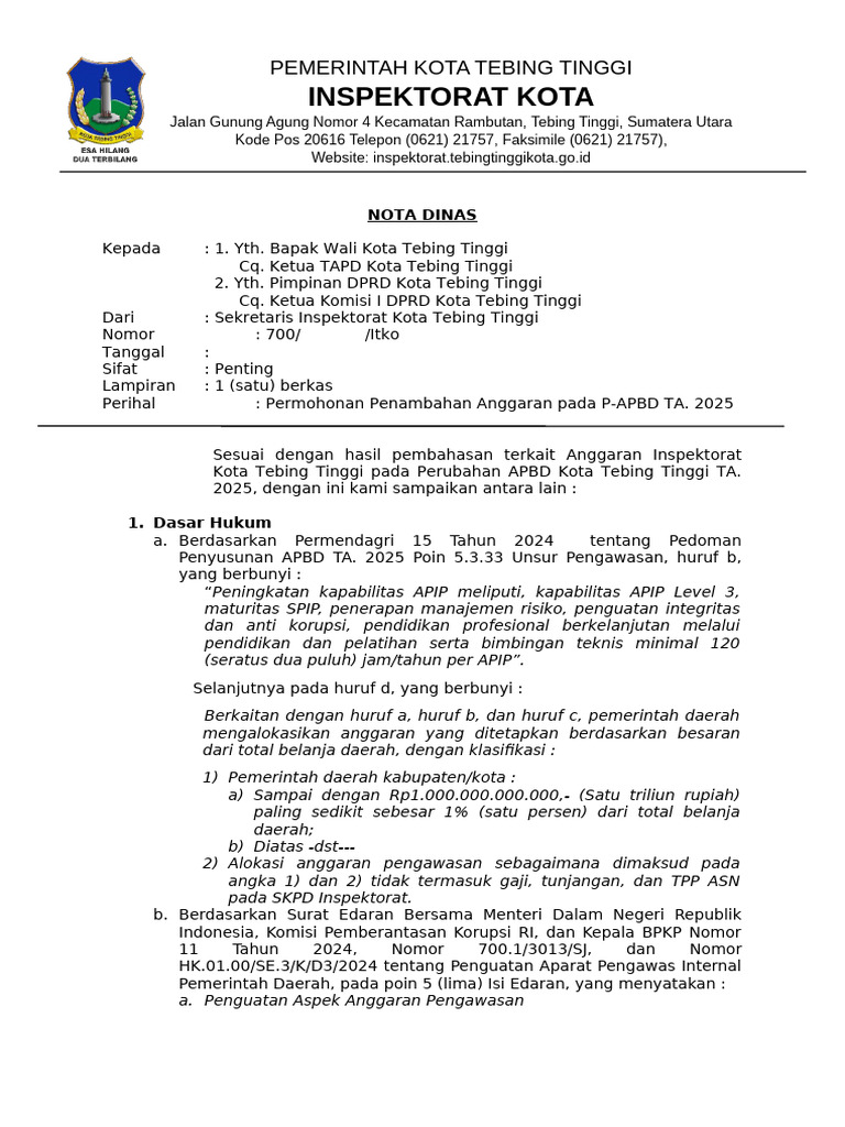 Nota Dinas Penambahan Anggaran | PDF