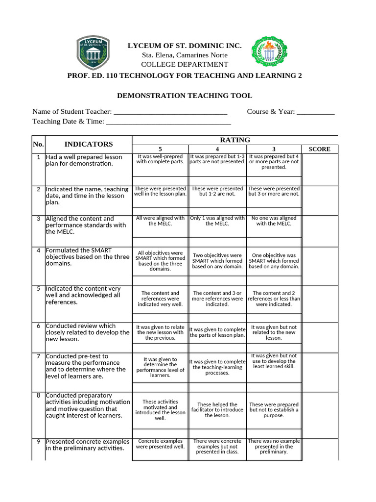 Demonstration Teaching Tool Evaluation | PDF | Learning | Educational ...