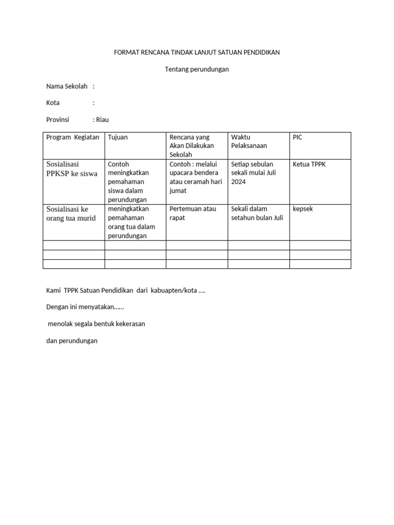 Contoh FORMAT RTL FORMAT RENCANA TINDAK LANJUT SATUAN PENDIDIKAN | PDF