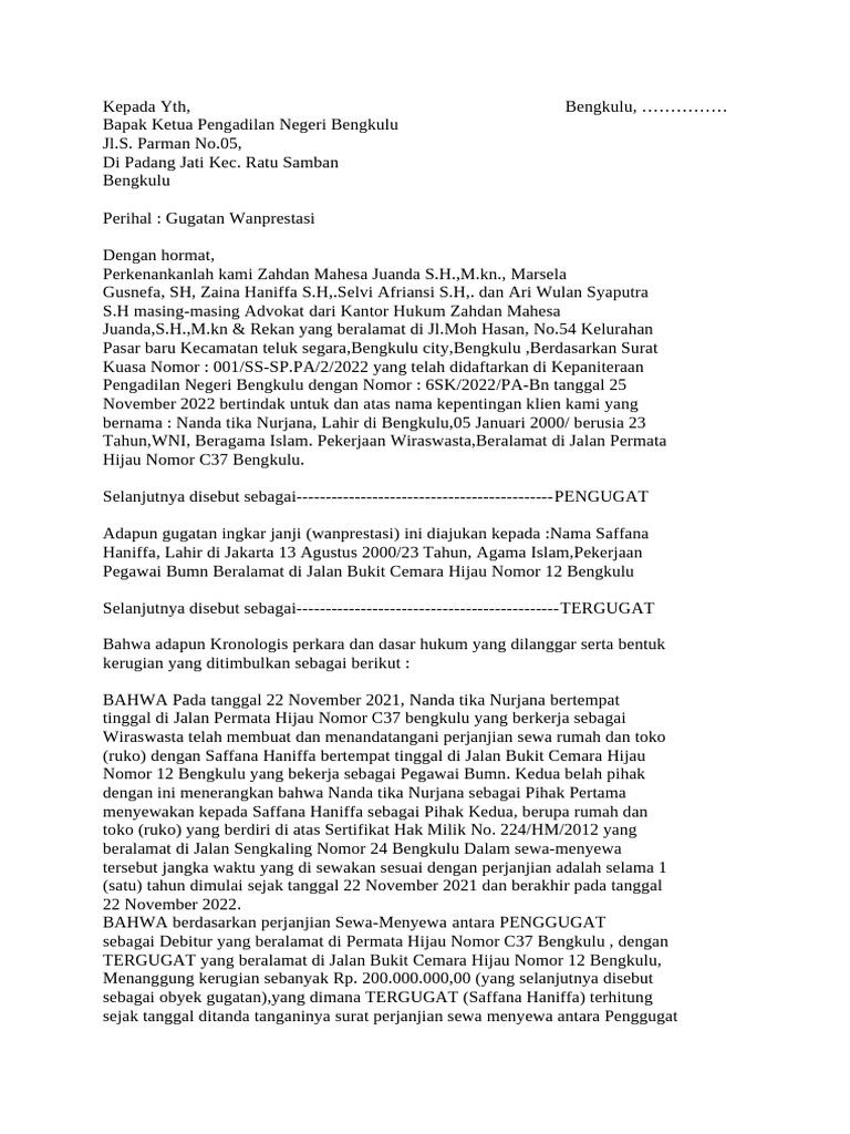 Draft Gugatan Wanprestasi | PDF