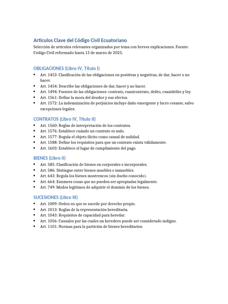 Artículos Clave del Código Civil 2025 | PDF
