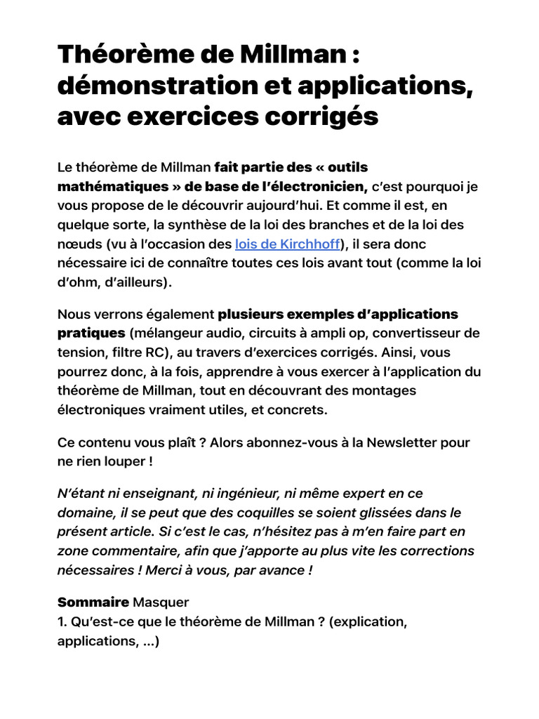 Théorème de Millman : démonstration et exercices | PDF | Impédance ...