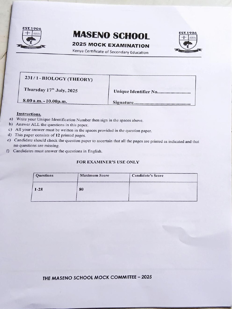 Maseno School 2025 Bio Mock Exam Pp1 | PDF