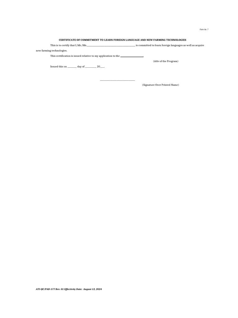 Certificate of Commitment To Learn Foreign Language and New Farming ...
