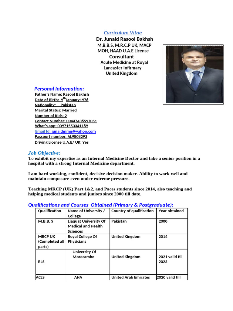 Dr. Junaid Rasool Bakhsh's CV | PDF | Medicine | Hospital