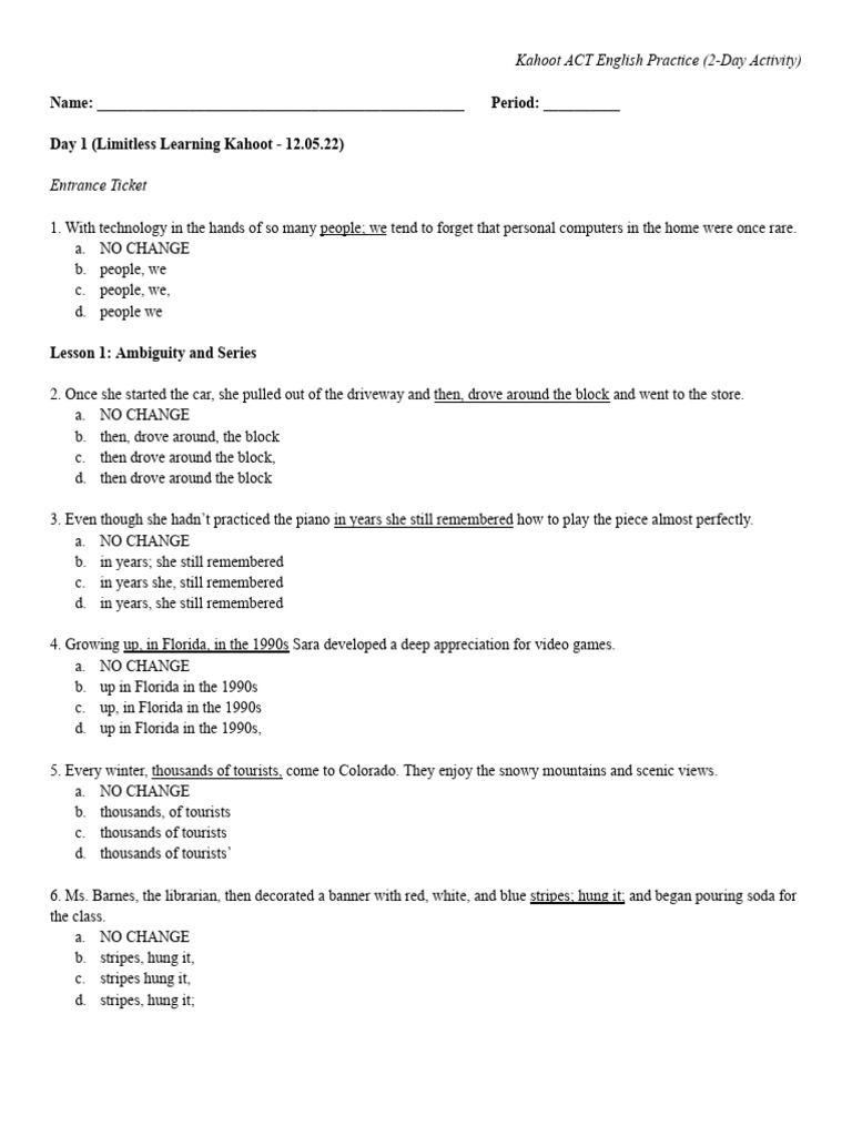 Kahoot ACT English Practice (2-Day Activity) | PDF