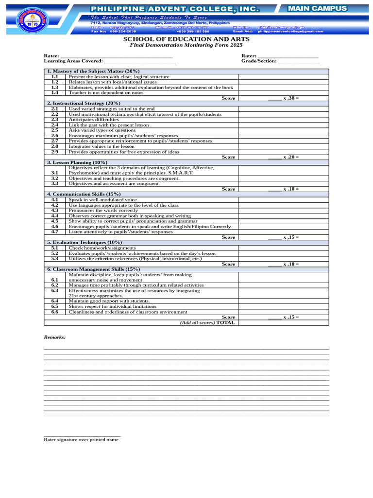 SAE Demonstration Monitoring Form | PDF | Classroom Management | Learning