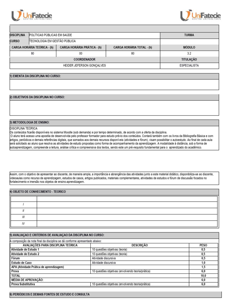 Políticas Públicas em Saúde: Plano de Ensino | PDF | Aprendizado | Moodle
