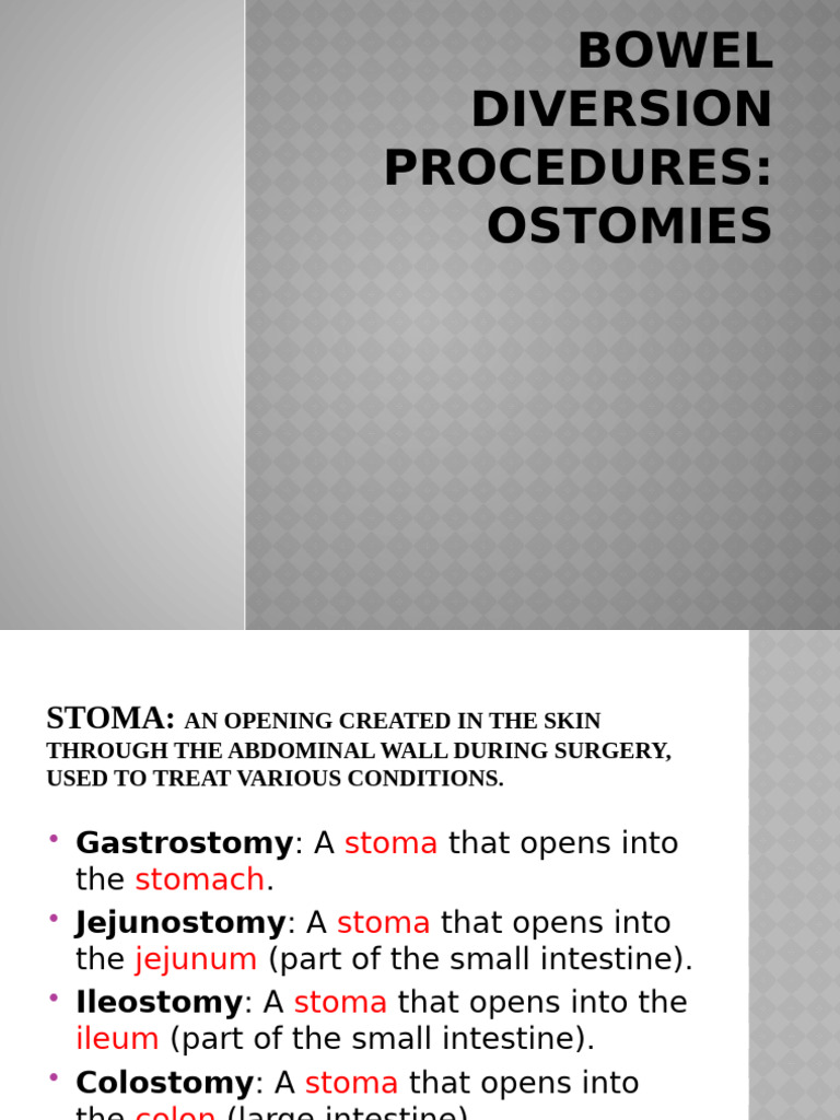 Bowel Diversion Procedures Overview | PDF | Clinical Medicine | Abdomen