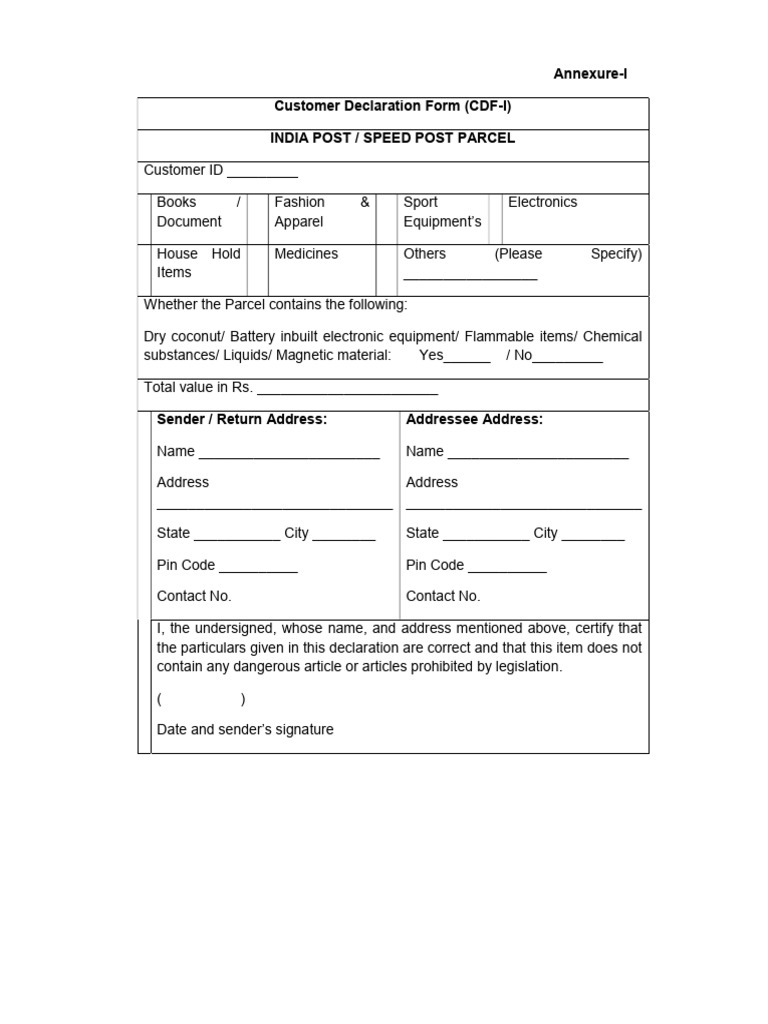 India Post Customer Declaration Form | PDF