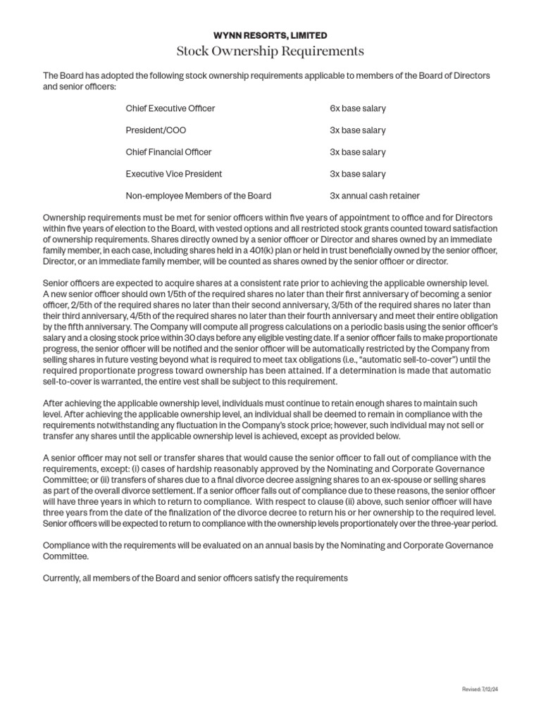 Wynn Resorts Stock Ownership Guidelines | PDF | Stocks | Vesting