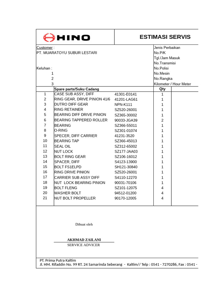 Differential Service Estimate for PT Prima | PDF | Vehicles | Vehicle Parts