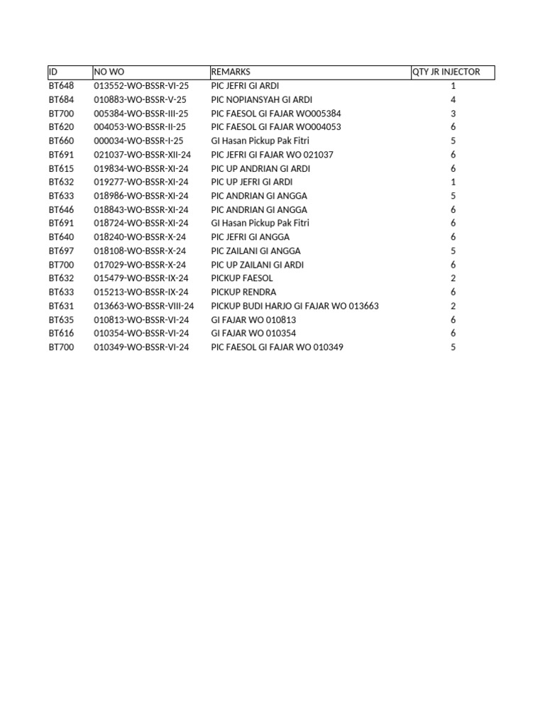 Work Order Summary for Injectors | PDF