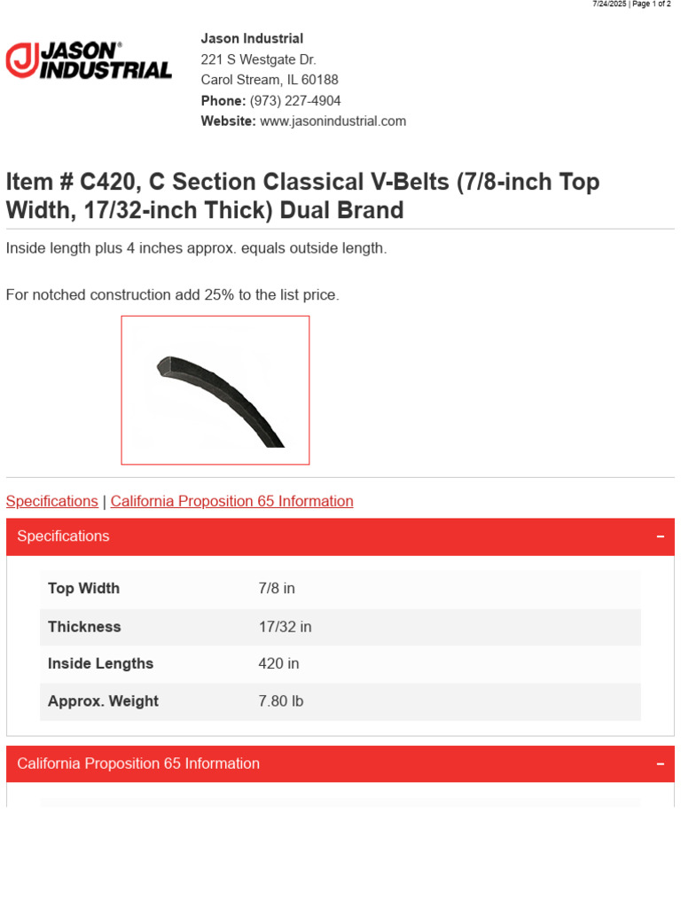 C420 CSectionClassicalV Belts (78 InchTopWidth 1732 InchThick ...