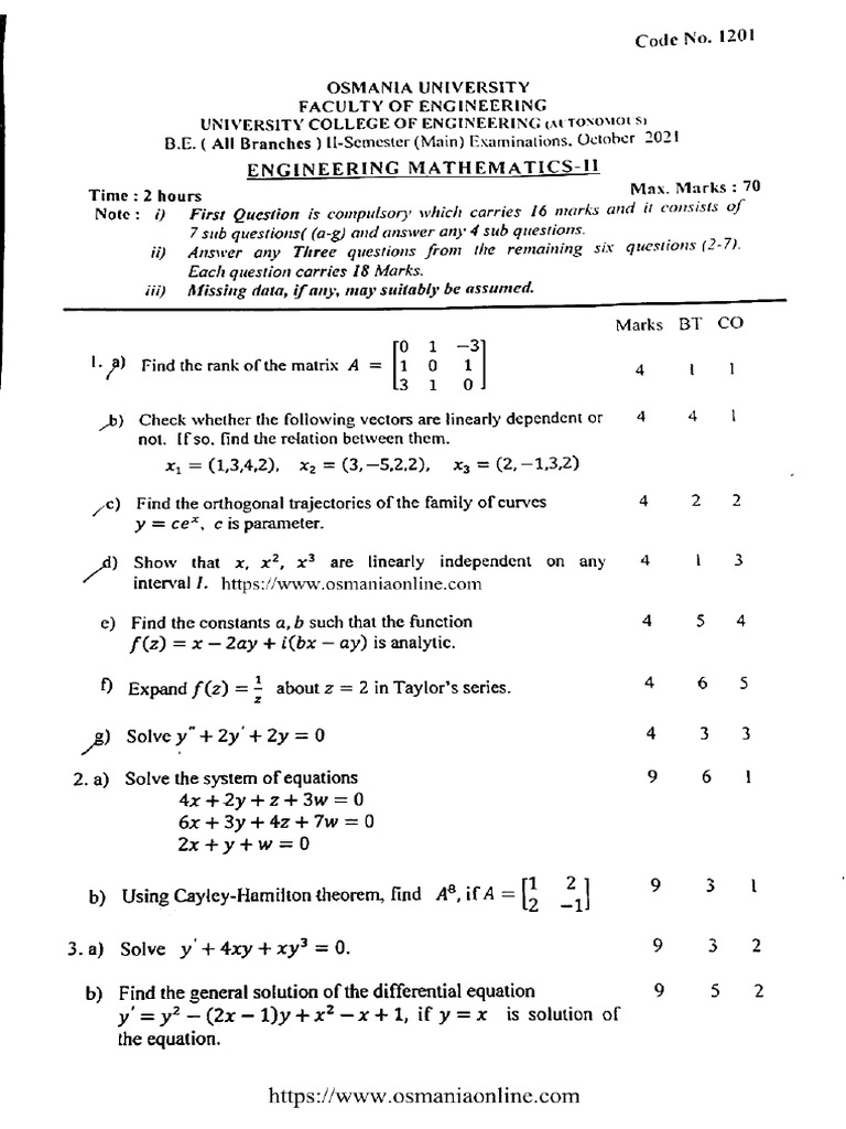 Be 2 Sem Engineering Mathematics 2 1201 Oct 2021 | PDF
