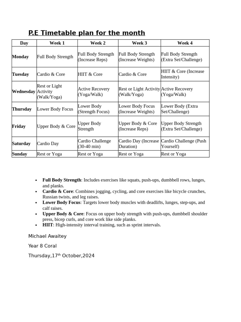 Monthly P.E. Timetable Plan | PDF
