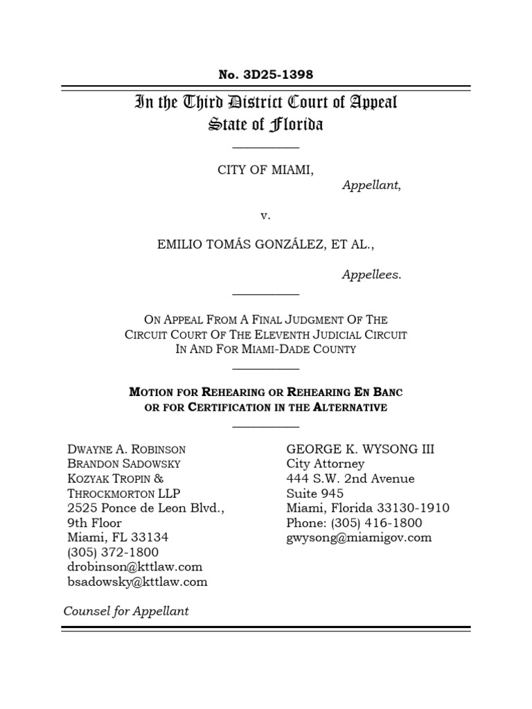 City of Miami Motion For Rehearing at 3rd DCA | PDF | Miami Dade County | Appeal