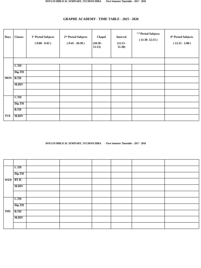 Doulos Biblical Seminary Timetable 2017-18 | PDF