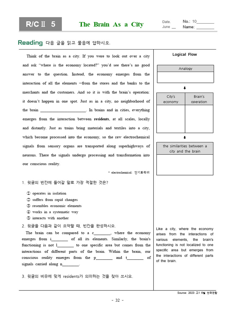 RC2 5 1학년 영어 Bain as a City 32 | PDF | Brain | Neuroscience