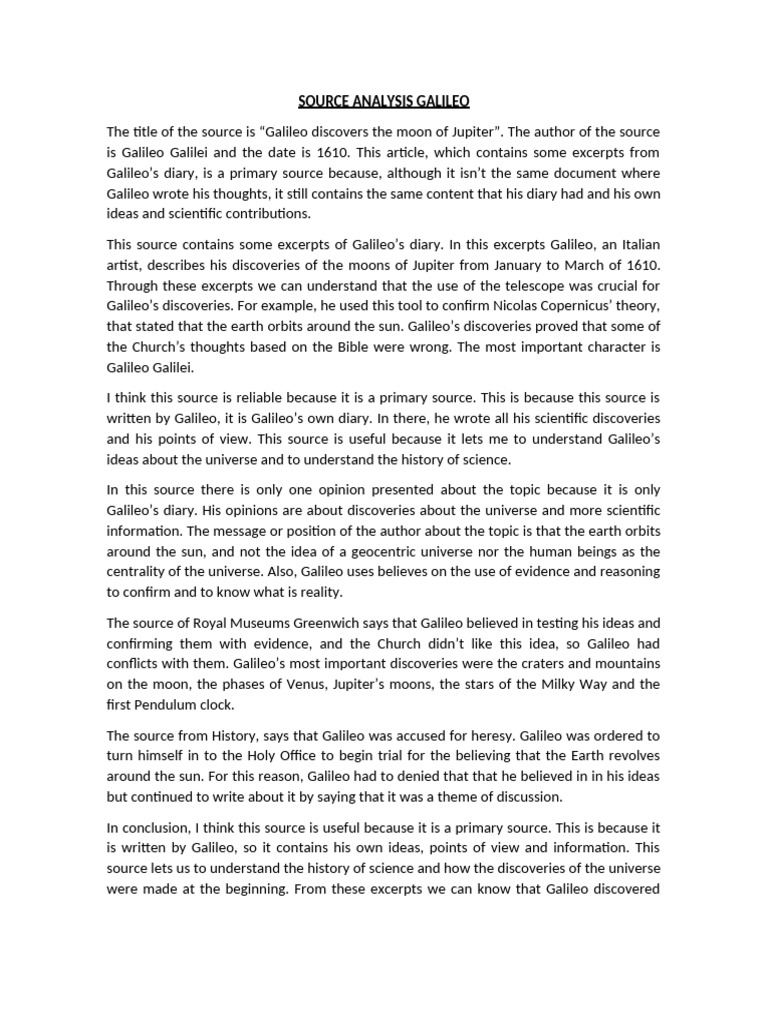 Source Analysis Galileo Discovers The Moon of Jupiter | PDF | Galileo ...