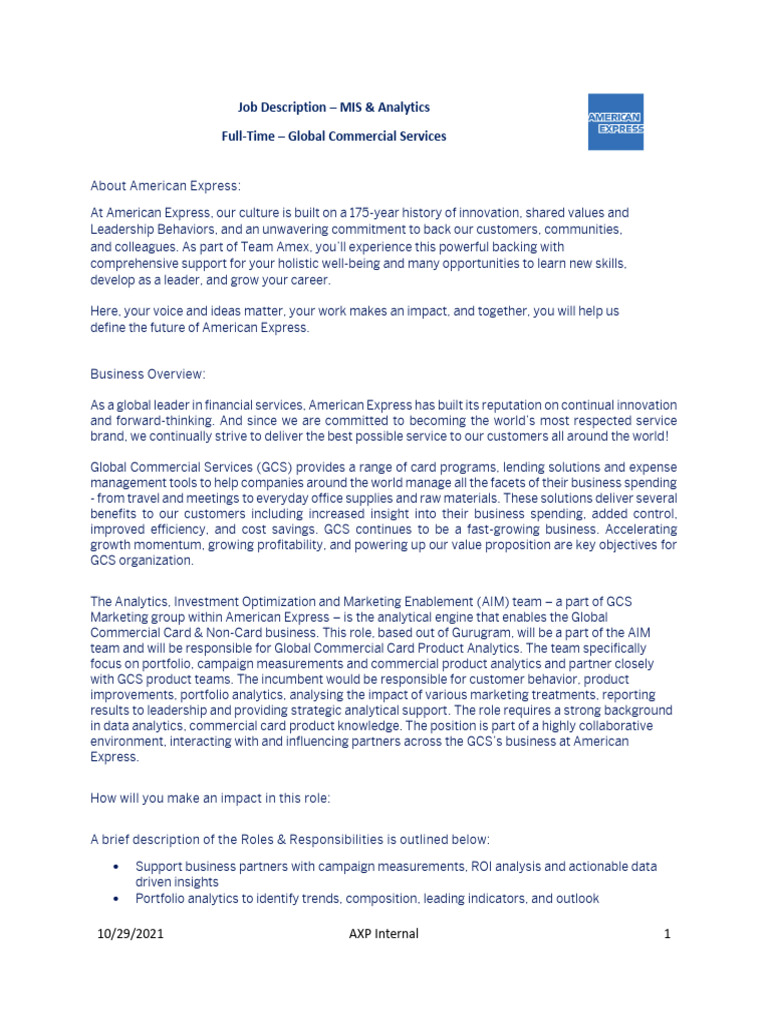 AmEx - Campus JD - GCS-MIS & Analytics - Full-Time (Engg School) | PDF | Analytics | Leadership