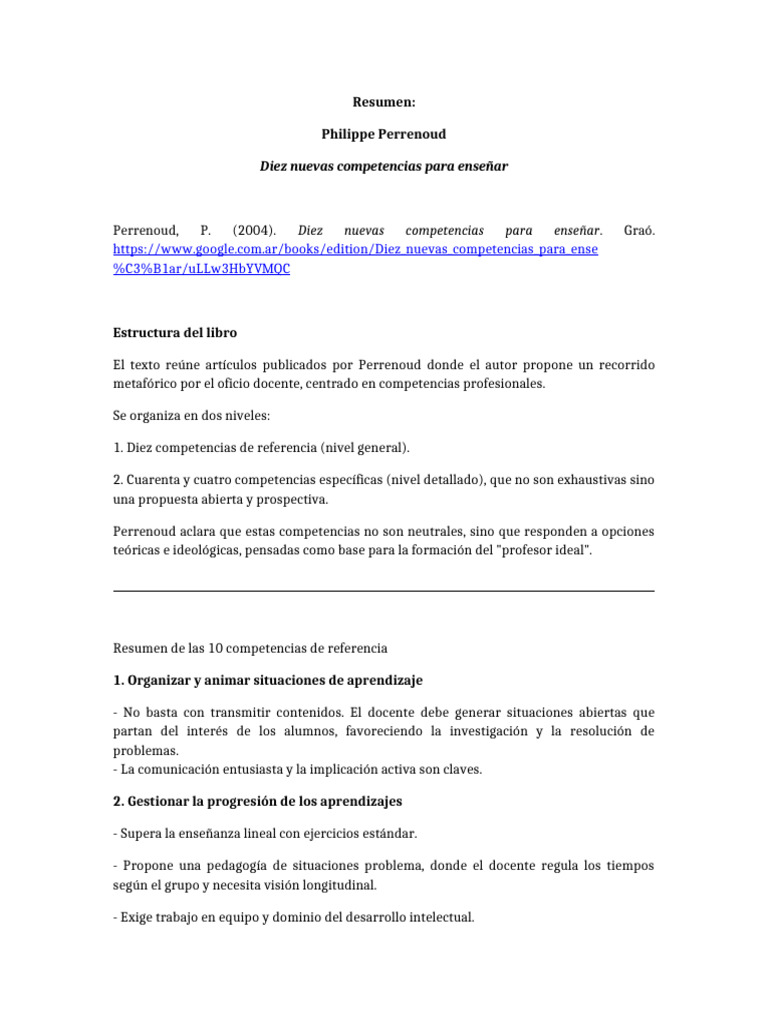 Competencias docentes según Perrenoud | PDF | Enseñando | Maestros