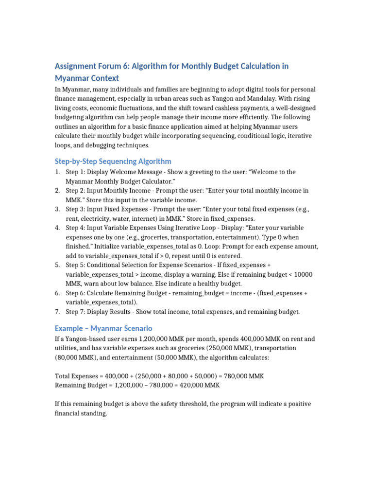 Monthly Budget Algorithm for Myanmar | PDF | Cost Of Living | Budget